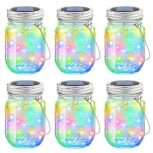 mason jar solar lights 30 leds, 6 pack hanging solar lights outdoor, waterproof fairy lights solar lanterns for patio garden, hangers and jars included- multicolor