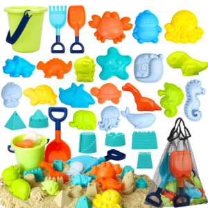 toy life 30 pcs beach sand box toys for kids toddlers 3 6 8 12, sand castle kit toys for beach, sandbox toys, sand castle molds, travel beach toy set, sand bucket and 2 shovel for kids with mesh bag