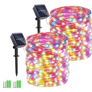 ishabao multicolor christmas lights outdoor, 2 packs 49ft 150 led solar christmas lights, 8 modes waterproof outdoor fairy lights for tree, garden, yard, party, holiday christmas decorations