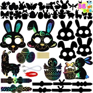 joyin 36 pcs easter rainbow scratch cards craft art set for kids including scratch card 24 pendants, 6 bracelets, 6 bunny masks, kids easter craft kit