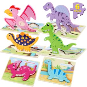 6 pieces set of wooden dinosaur puzzles for children 1-5 years old, wooden puzzles for montessori learning for toddlers, preschool educational toys, 3d dinosaur puzzles for boys and girls gift