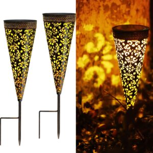 angmln 2 pack christmas decorations, outdoor lights clearance garden solar pathway lights - waterproof decorative metal stake lights with lacy cone pattern for walkway yard steps patio lawn