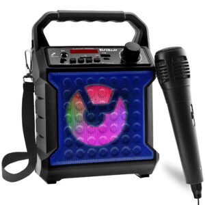 risebass portable karaoke machine with microphone with party lights for kids and adults - rechargeable usb speaker set with bluetooth, fm radio sd/tf card, aux-in, birthday gift for boys and girls