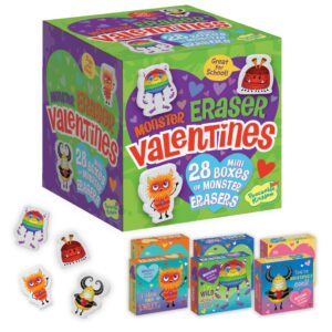 peaceable kingdom valentines cards for kids classroom, set of 28 valentines day gifts - monster erasers