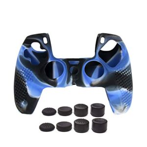 camouflage antislip silicone skin protective rubber anti-slip case cover with 8pcs thumb grips stick joystick cap for playstation 5 ps5 controller gamepad game protector cover (dark blue)