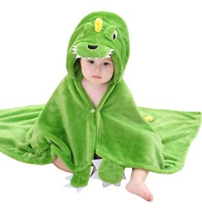 tonwhar 0-4 years toddlers' and kids' boys girls animal face hooded blanket baby's bathrobe,plush after bath blanket (green dinosaur)