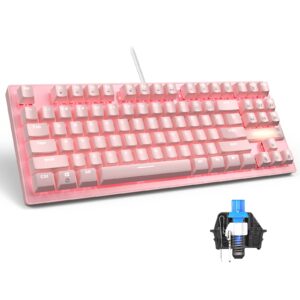 anivia mechanical gaming keyboard, mk1 wired led backlit keyboard with 87 keys compact computer keyboard for mac pc laptop, cute pink keyboard - blue switches