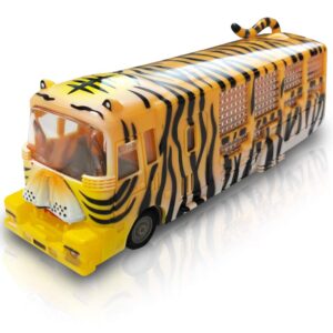 artcreativity pull back tiger safari animal bus for kids, 7 inch tiger design bus with pullback mechanism, durable plastic material, safari party decorations, best birthday gift for boys and girls