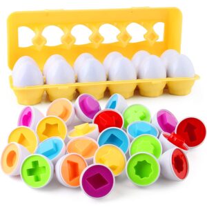 color shape maching eggs 12 pcs, easter educational maching egg set toy with yellow holder,early learning shapes & sorting recognition puzzle skills study for toddlers baby easter basket stuffers gift