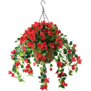 homsunny artificial hanging flowers basket with 4 pcs bougainvillea silk vine flowers for outdoor indoor,coconut lining basket hanging plant flowers for patio lawn garden decor(red)