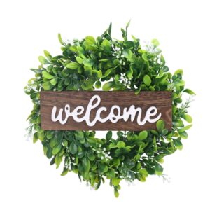 nahuaa 12 inch boxwood wreath for front door artificial green leaves spring wreath with welcome sign for farmhouse wreath wall window wedding home table centerpiece