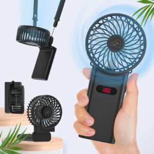 portable handheld fan, 4000mah 15hrs mini battery operated fan personal fan with lanyard&lcd, 4 speeds strong wind, foldable design for office, hiking, camping, travel……