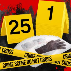 crime scene decorations kit, crime mystery dinner party game supplies, includes crime scene tape, 25 yellow evidence markers, 25 crime object cards