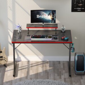 bestier gaming desk with led lights 44" small computer desk for home office table with cup holder and 2 headphone hooks, black