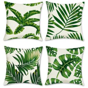 bonhause tropical leaves throw pillow covers 18 x 18 inch set of 4 green palm leaf decorative pillow cases polyester linen outdoor cushion covers for sofa couch garden home decor