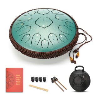 green 15 notes 14 inches steel tongue drum | wide range steel drum with carrying bag & mallets | tank drum for healing | random color | ideal for stress relief and meditation, gift idea