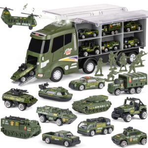 18 pcs military truck with army men toy set for boys, mini die-cast battle car in transport carrier truck playset, army toy vehicle for boy girl kid toddler 8-12 year old birthday gift party favor