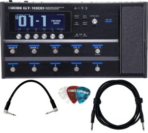 boss gt-1000 guitar effects processor bundle with 10ft instrument cable, 6in patch cable, and picks