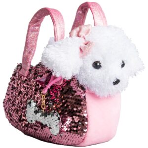 little jupiter pet plush set with purse w/ reversible sequins & charm - stuffed animal toy for kids ages 4 - 5 - 6 - 7 - stuffed animal purse - stuffed animals for girls - (white labradoodle)