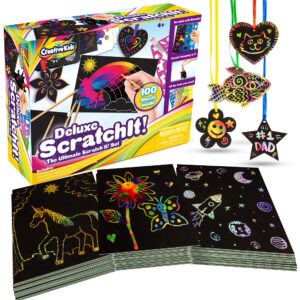 creative kids rainbow scratch paper craft set - 185 pieces scratch paper art kit - black scratch off pad - magic scratchboard sheets, stencils - great family activity - gift for girls and boys 4+