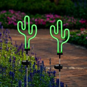 sveiks solar cactus garden stake lights, green cacti lighting solar pathway lights outdoor waterproof led neon strip for courtyard patio lawn flowerbed landscape, 30" tall (2 pack)