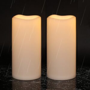 wondise waterproof outdoor flameless pillar candles with 6 hour timer,led flickering battery operated white plastic aaa 2 pack indoor candles home garden patio party lantern decor(d 3" x h 6")