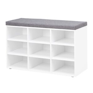 dinzi lvj shoe storage bench with cushion, cubby shoe rack with 9 cubbies, adjustable shelves, multifunctional shoe organizer bench for entryway, mudroom, hallway, closet and garage, white