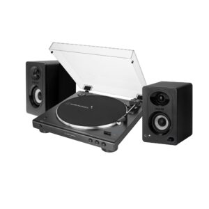 audio-technica at-lp60xbt bluetooth stereo turntable (black) bundle with 3' powered bluetooth studio monitors - pair (2 items)