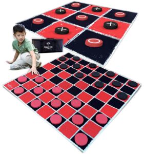 swooc games - 2-in-1 vintage giant checkers & tic tac toe game with mat (4ft x 4ft) - 100% machine-washable canvas - giant outdoor games for kids - giant lawn games - yard games for kids - giant games