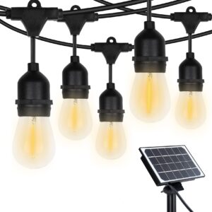 anbrite led outdoor garden string lights solar powered, 48ft hanging 15+1 led edison bulbs e27 sockets indoor/outdoor festoon lighting for party, wedding warm white commercial grade connectable