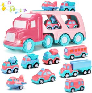 bakatatoyz pink car carrier truck set(9 in 1) with lights and sounds, friction powered double deck container transport truck with 8 mini cartoon pull back vehicles, girls toy for toddler birthday gift