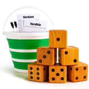 crobyi yardzee&farkle giant yard dice with collapsible bucket, 3.5" giant wooden lawn dice game for family. includes 6 giant dice, 2 scoreboard,2 marker pens and collapsible bucket.