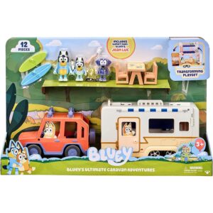 bluey ultimate caravan adventures - caravan playset and three 2.5-3" figures & 4wd family vehicle with 2 surfboards, multicolor (13096)