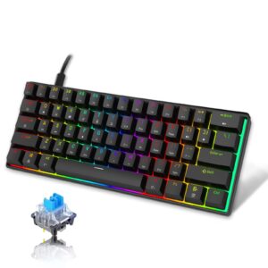 60% mechanical gaming keyboard wired 60 percent keyboard with led rgb rainbow backlit blue switch for windows pc gaming (61 keys, black)