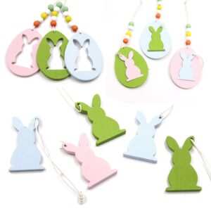 develoo wood easter hang ornaments, 18pcs painted egg/rabbit wooden pendants bunny bauble craft tags for spring garden home easter party decor, 124320ipqthh