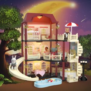 mitcien dollhouse kit playset little critters bunny dolls for girls with swimming pool and slideside family toys for toddler 3 4 5 6-year-old girl