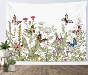 hvest leaf butterfly tapestry wall hanging, sage green leaves and flowers with butterflies wall hanging tapestry spring plant tapestry for bedroom living room wall decor, 60x40 inches