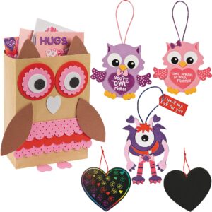 valentines craft for kids (makes 6) owl valentine card box holder, monster ornament, owl ornament, heart magic scratch - diy valentines day craft for kids mailbox classroom exchange by 4e's novelty