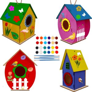 glintoper art craft wood toys for kids, 4 pack diy bird house kit painting puzzle diy wooden assembly, build and paint birdhouse, include paints & brushes, wooden arts for girls boys toddlers