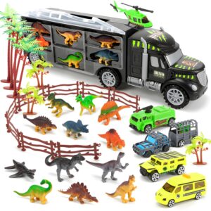 34 in 1 dinosaurs truck, dino transport car carrier truck toy with 12 mini dinosaur figures and 4 cars, dino park toy chritsmas gift for 3+ year old boys and toddlers