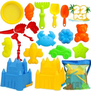 toy life beach toys for kids 3-10 - kids sand toys sandbox toys with 2 sand castle buckets, shovels, rake, sifter, animal dinosaur sand castle molds, sandcastle building kit, sand castle toys for beah