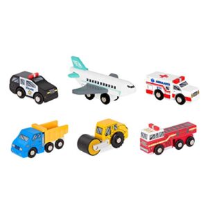 battat – miniature toy cars – 6pcs wooden minis – classic rescue & construction vehicles – steamroller, dump truck – 3 years + – wooden vehicles set 2