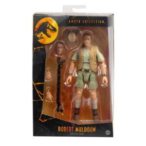 jurassic world toys amber collection robert muldoon 6-in/15.2-cm action figure, swappable hands & head, hat & dino shocker accessories, collectible gift for 8 years old & up