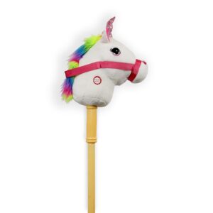 ponyland: music stick animal - white & rainbow unicorn - music button, sturdy two-piece stick w/ colorful soft plush animal head, toy kids ages 3+