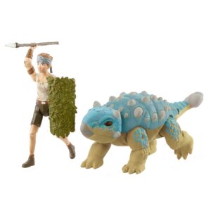 jurassic world human & dino pack ben & ankylosaurus bumpy action figures, spear accessory, camp cretaceous movable joints & authentic sculpt, kids gift ages 4 year & older