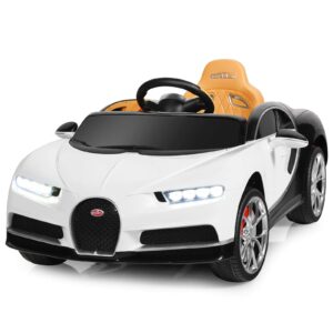 costzon ride on car, licensed bugatti 12v battery powered car w/ 2.4g remote control, music, led lights, horn, high/low speed, mp3/usb/tf, spring suspension, electric vehicle for boys girls (white)