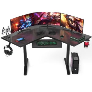 ecoprsio l shaped gaming desk corner gaming desk, gaming computer desk with keyboard tray, large pc gaming desk gamer desk workstation, computer gaming desk table with cup holder and headphone, black