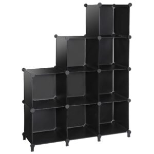 super deal 9 cube storage organizer diy plastic stackable shelves modular bookshelf with wooden mallet and feet for home bedroom, living room, bathroom, office, black