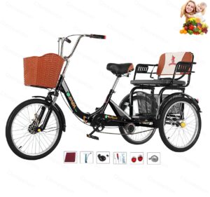 adult tricycle folding bicycle comfortable seat 3 wheel bicycle rear enlarged vegetable basket double chain 20inch shock absorber front fork for parents and children maximum load 440lbs (black)