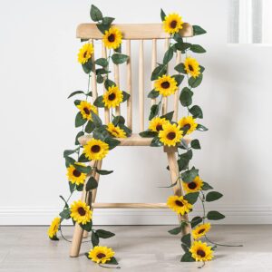 houele 2 pack artificial sunflower garland 7.9 ft silk sunflower hanging vine with artificial flowers green leaves wedding table home decor garden craft party decoration